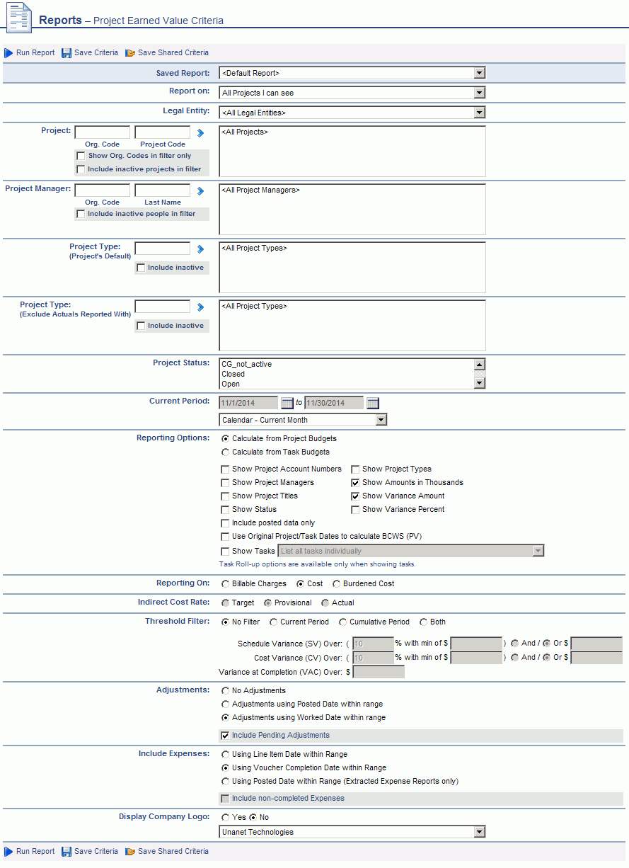 Project Earned Value Report