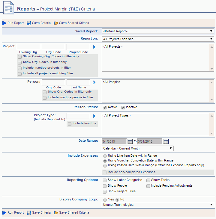 Project Margin (T&E) Report